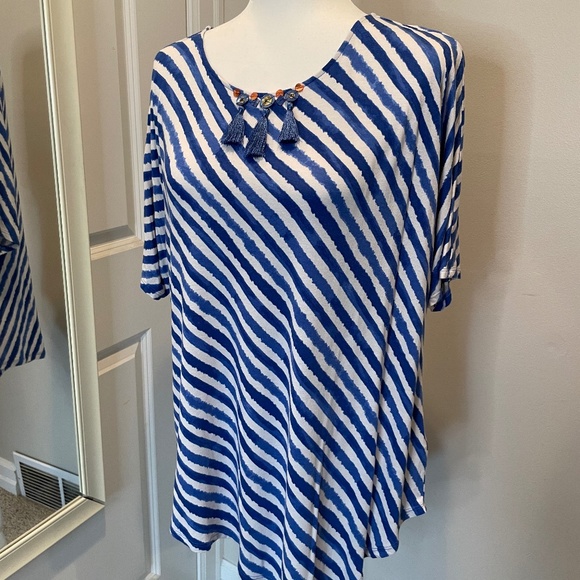 Ruby Rd. | Tops | Ruby Rd Blue Diagonal Stripe Embellished Asymmetrical ...